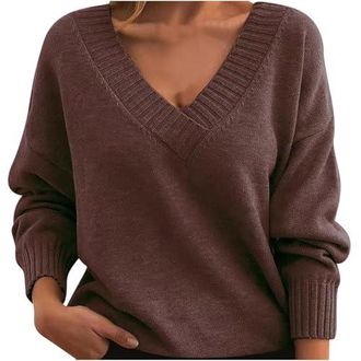 Generic Pull court court &agrave; manches longues raglan double face col en V pour femme, caf&eacute;, XXL