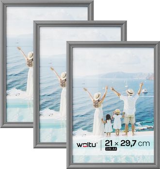 Woltu Bilderrahmen 21x29,7cm DIN A4 3er Set Fotorahmen Holzrahmen mit Passepartout, zum vertikalen oder horizontalen Aufhängen/Aufstellen, Posterrahmen Coll