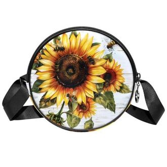 Generic Sac &agrave; bandouli&egrave;re rond pour femme, motif tournesol, abeilles, petit sac &agrave; bandouli&egrave;re avec fermeture &eacute;clair, bretelles r&eacute;glables, sac &agrave; main rond d&eacute;co