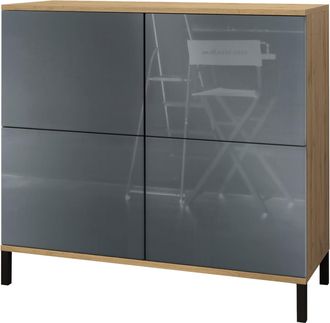 Vladon Kommode Rova V3, Moderner Küchenschrank mit 4 Push-to-Open Türen Eiche Evoke/Grau Hochglanz (92,5 x 83.5 x 35)