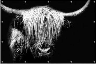 Wallario Outdoor-Poster f&uuml;r Garten oder Balkon Highlander in schwarz-wei&szlig;, Motivbanner Gr&ouml;&szlig;e: ca. 120 x 180 cm, Outdoor-Bild