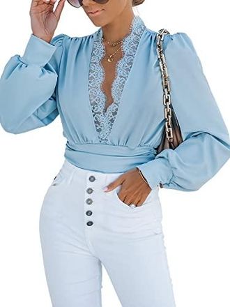 Cupshe Body en dentelle pour femme avec col en V plongeant et manches longues, bleu, XL