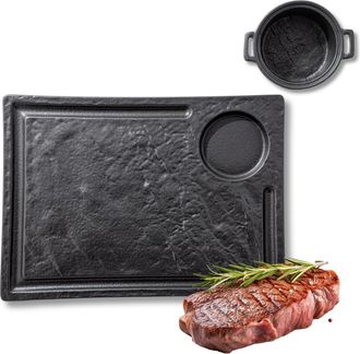 Wilmax England Wilmax | Servierplatte mit Kochtopf | Natursteinimitat | Handglasiert | Sicher | Robust | Kratzfest | Spülmaschinenfest | Für Sushi | Für Aufschnitt |