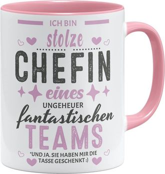 OM3 Ich bin Stolze Chefin eines ungeheuer fantastischen Teams Tasse - Keramik Becher - 11oz 325ml - Beidseitig Bedruckt - Rosa