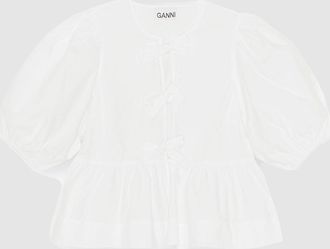 Ganni Blouse Cotton Poplin Peplum Bright White