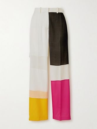 Helmut Lang Hose Mit Geradem Bein Aus Stretch-satin Mit Bes&auml;tzen Aus Seidenchiffon In Patchwork-optik - Mehrfarbig