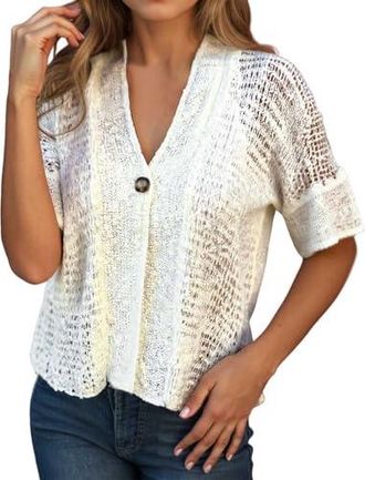 Generico Pull léger dété élégant et décontracté pour femme avec manches moyennes et col en V respirant, blanc, XXL