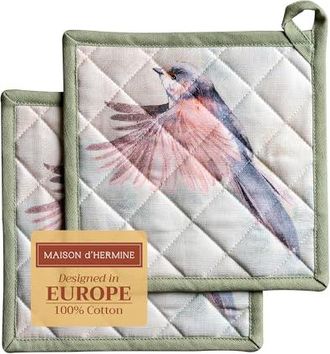 Maison d'Hermine Flying Birds Lot de 2 maniques, 100% Coton, pour Barbecue, Cuisson, Four, Micro-Ondes, grillades, Printemps/&eacute;t&eacute;, P&acirc;ques, (20cm x 20cm)