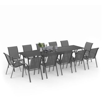 IDMarket Salon de jardin madrid table extensible plateau gris 135-270 cm et 12 chaises empilables gris anthracite