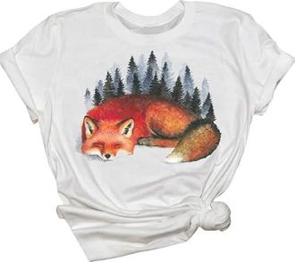 Keephen Kawaii Renard Animaux T-Shirt Femmes Animal Renard Amoureux Impression 3D Manches Courtes Tops Nature For&ecirc;t Vie Sauvage Col Rond Blouse Tees