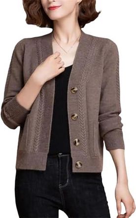 Generic Cardigan tricot&eacute; &agrave; manches chauve-souris pour femme avec col en V et fermeture &agrave; boutons, Caf&eacute;, M