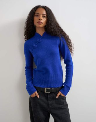 Topshop Strickoberteil mit tiefem Rippstrick, Stehkragen und langen &Auml;rmeln mit Wolle in Kobaltblau
