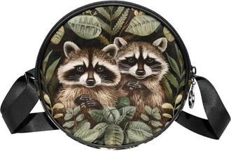 Generic Petit sac &agrave; bandouli&egrave;re circulaire pour femme, motif feuilles de raton laveur, sac &agrave; dos &agrave; bandouli&egrave;re r&eacute;glable, sac &agrave; main rond d&eacute;contract&eacute; pour femm