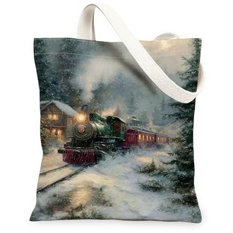 Generic Sacs fourre-tout en toile pour train dhiver, sacs r&eacute;utilisables vintage locomotive artistique, sacs de vacances l&eacute;gers et lavables avec bandouli&egrave;re en