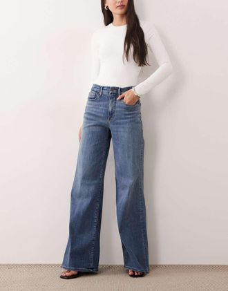 Good American Good Waist - Jean palazzo - Bleu moyen d&eacute;lav&eacute;