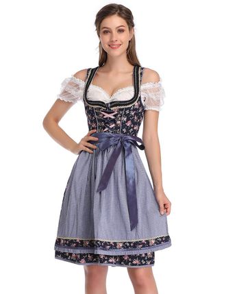 KOJOOIN Damen Bayern-Dirndlkleid, Oktoberfest, Set Dirndl, Bluse und Sch&uuml;rze - 3-teiliges Dirndlkleid Bluse Kurzarm Bayerische Kleidung Blume Marineblau M, Ma
