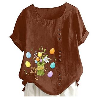 Generic Chemise &agrave; manches courtes en lin pour femme grande taille - Chemisier ample pour femme - Chemises blanches boh&egrave;me baggy chemises de sortie hauts chemi