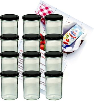 MamboCat 12er Set Sturzglas 435 ml Marmeladenglas Einmachglas Einweckglas to 82 schwarzer Deckel incl. Diamant-Zucker Gelierzauber Rezeptheft
