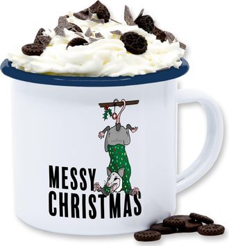 Shirtracer Emaille Tasse Blechtasse - Weihnachtstasse Weihnachten - Messy Christmas Opossum - 300 ml - Weiß Blau - weihnachtstassen weihnachtsmotiv weihnacht tas