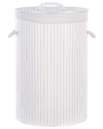 Beliani W&auml;schekorb Bambusholz wei&szlig; handgemacht rund mit Deckel Sack Sannar