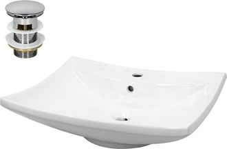 ECD Germany Waschbecken Waschtisch 605x460x165 mm aus Keramik Weiß inkl. Ablaufgarnitur für Waschbecken mit Überlauf Aufsatzbecken Aufsatzwaschbecken Aufsatzwasch