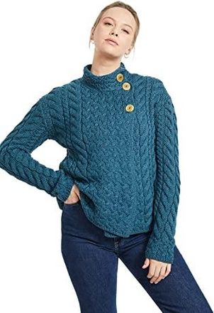 Aran Woollen Mills Pull Cardigan Asymétrique en Laine Mérinos Irlandaise Multi Torsadée (Mer Bleue, L)