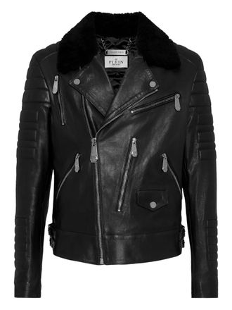 Philipp Plein veste de moto à col en peau lainée - Noir