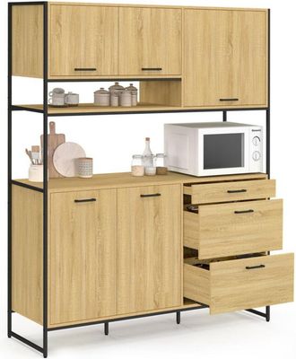 IDMarket Buffet casserolier de cuisine 140 cm DETROIT 5 portes + 3 tiroirs design industriel