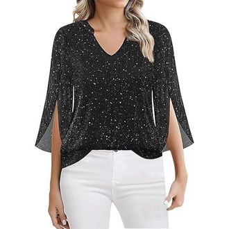 Generic Hauts scintillants pour femmes, manches 3/4, chemises &agrave; paillettes &agrave; col en V, &eacute;l&eacute;gantes, chemisiers &agrave; volants, pulls pour femmes, chemises pliss&eacute;es a
