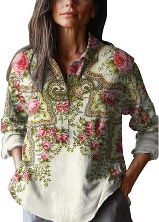 Generico Chemise Femme Curvy &agrave; Manches Longues Blouse en Lin Coton D&eacute;contract&eacute; Grande Taille T Shirt Col en V Mode Chemises Vintage Fantaisie avec Boutons Clas