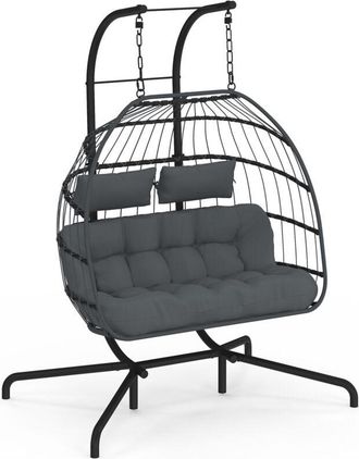 IDMarket Fauteuil oeuf suspendu ajour&eacute; 2 places effet rotin gris avec coussin gris