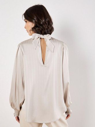 Apricot Satinbluse Strukturstreifen-Bluse mit R&uuml;ckenschleife