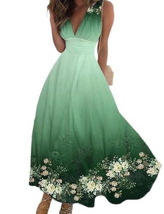 Onsoyours Robe Longue Femme Ete Casual Robe de Plage Boho Maxi Robe de Soir&eacute;e &Eacute;legante Cocktail Chic C1 Vert L