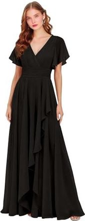 Generic Robe de demoiselle dhonneur en mousseline de soie &agrave; col en V pour femme, robe de soir&eacute;e formelle &agrave; manches flottantes avec fente, Noir, 56 Grande tail