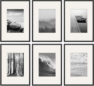 Photolini Alu-Bilderrahmen A4 21x30 cm Schwarz schmal, 6er Set Metall-Rahmen aus Aluminium, bruchsicheres Acrylglas, mit Passepartout für Fotos 13x18 cm, Zubehö