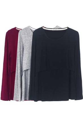 Smallshow Damen Stillshirt Langarm Umstandsshirt 3er Pack,Black/Grey/Wine,2XL