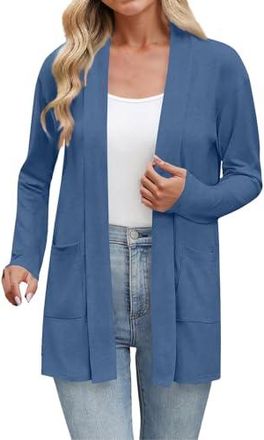 Generico Cardigan dété doux pour femme à manches longues et élégant en jersey léger ouvert sur le devant, couleur unie, bleu ciel, XXX-Large