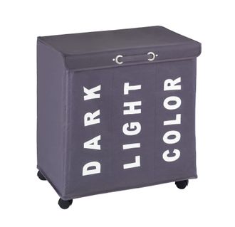 WENKO Wäschesammler Trivo Grau, Stabiler Wäschekorb mit Vier leichtgängigen Rollen und Deckel, 116 l Stauraum und DREI Fächer, (B x H x T): 56 x 60 x 35 cm,
