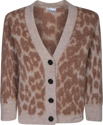 Ganni Femme, Pulls, Beige, Taille: 38 FR Leopard Jacquard Cardigan