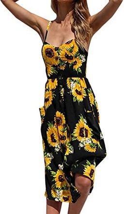 Generic Robe amincissante boh&egrave;me pour femme, robe d&eacute;t&eacute; d&eacute;contract&eacute;e &agrave; col rond, sans manches, coupe midi, Noir, S