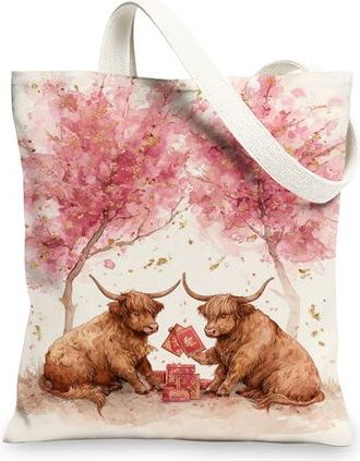 Generic Sacs fourre-tout artistiques en toile, motif bétail des Highlands, sacs dépicerie réutilisables, légers et lavables, sacs en toile pour salle de sport