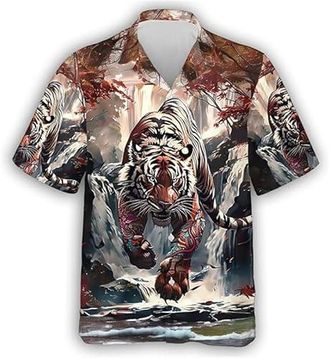 Keephen Cool Tigre Chemise &agrave; Boutons Femmes Hommes Tigre Impression 3D Chemise Hawaiienne Col &agrave; Revers Plage Vacances Chemise de Bowling