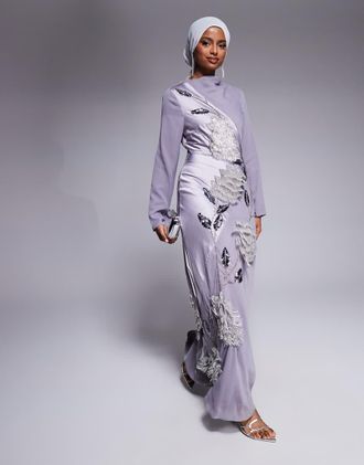 Asos Robe longue et ornementée en mousseline et satin avec col bénitier - Violet cendré-Gris