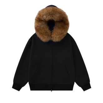 Generic Sweat &agrave; capuche zipp&eacute; pour homme avec col en fourrure, col en fourrure, streetwear unisexe, Noir, 4XL