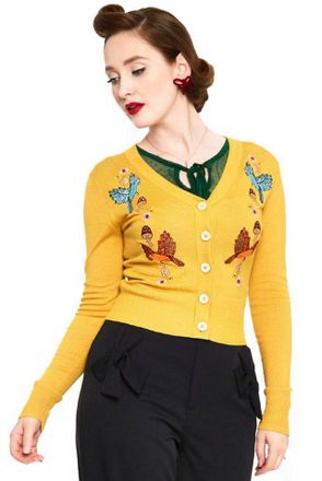 Voodoo Vixen Strickjacke Yellow Woodland Cardigan Retro Vintage V&ouml;gel Pilze