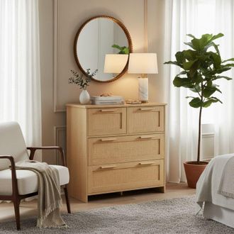 Urban Meuble Buffet moderne à 4 tiroirs en effect bois et rotin tressé 4 tiroirs 80x38x80cm