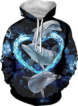 Coloranimal Sweat à capuche pour femme avec cordon de serrage, motif terrier de Boston chic à manches longues, XS à 4XL, Dauphin sous leau, XL