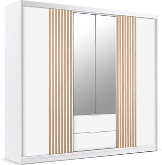 Vente-Unique Kleiderschrank mit 4 T&uuml;ren und 2 Schubladen - Mit Spiegel - B250 cm - Wei&szlig; & Natur - SIDOVIA