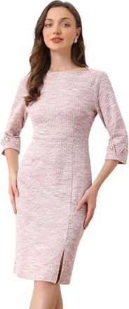 Allegra K Robe en Tweed Femme Robe Crayon &Eacute;l&eacute;gante &agrave; Col Bateau et &agrave; Manches 3/4 Robe Moulante Fendue de Bureau Rose L