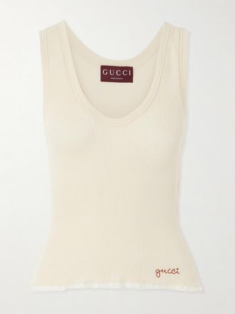 Gucci Tanktop Aus Gerippter Baumwolle Mit Spitzenbes&auml;tzen Und Stickerei - Wollwei&szlig;